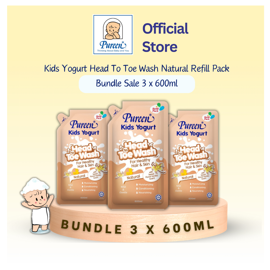 Pureen Kids Yogurt Head To Toe Wash Refill Pack 600ml x 3 Packs (Bundle ...