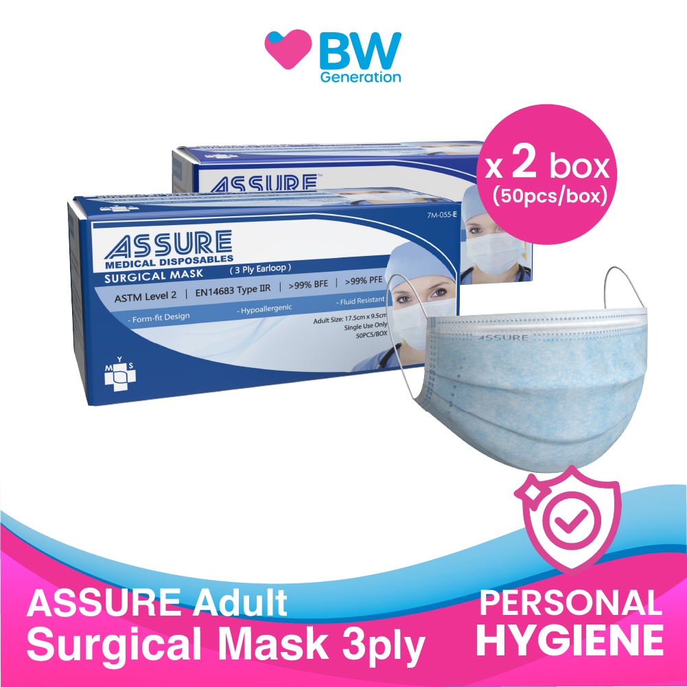ASSURE - Adult Surgical Face Mask, 3-Ply, 50 Pcs/Box (2 boxes) - by BW ...
