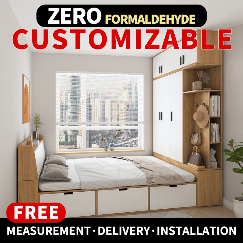 Storage Tatami Platform Bed with Cabinet Wardrobe cupboard Bedhead ...