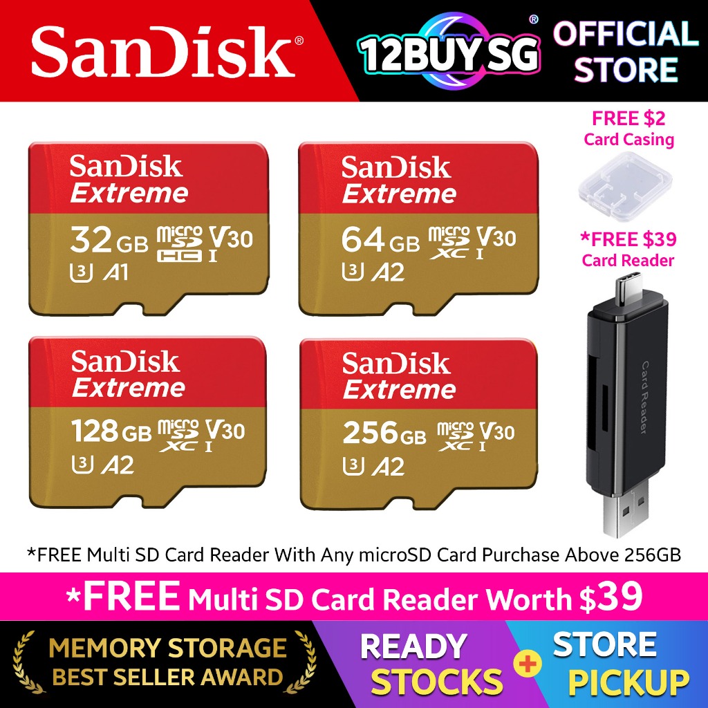 Sandisk Extreme MicroSD Card 100MB/s 32GB 170MB/s 64GB 190MB/s 128GB 256GB QXAH QXAA QXAV 12BUY ...