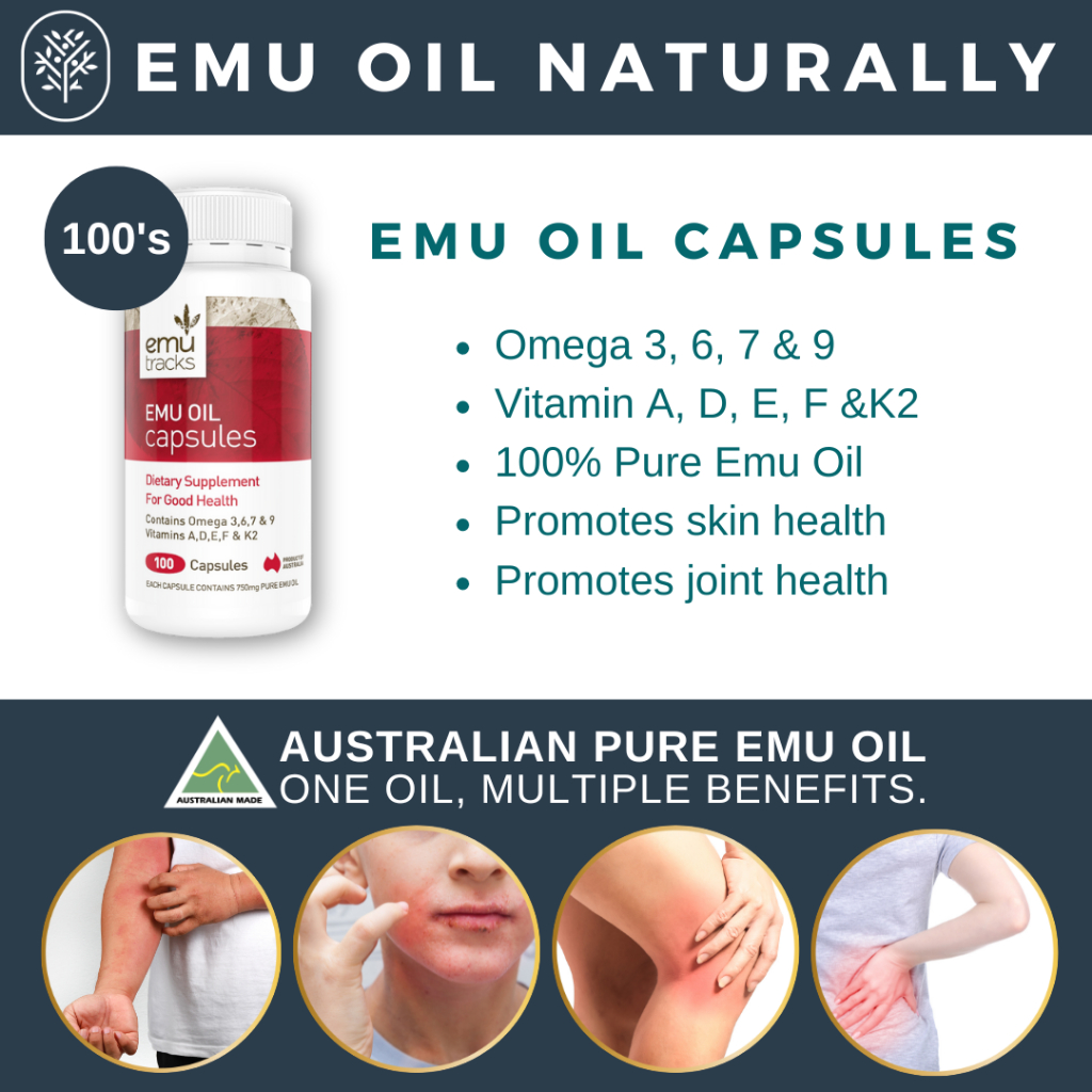 Emu Tracks Emu Oil Capsules - 100/200s. Contains Omega 3, 6, 7 & 9 and ...