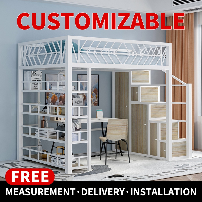 Children Study room Loft Bed with Storage Staircase & Bookshelf ...