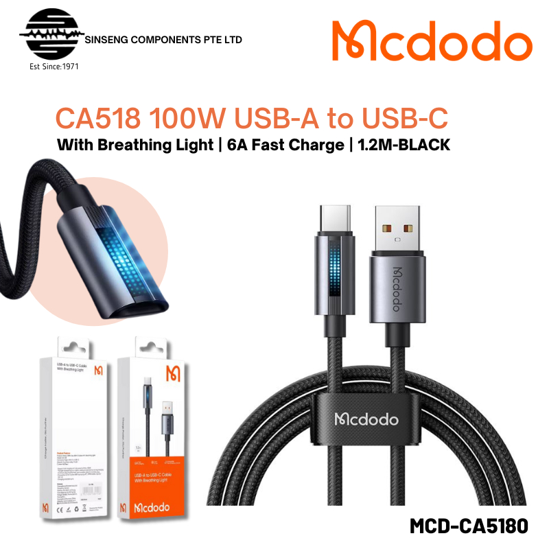 Mcdodo 1.2M USB-A to USB-C Type-C USB TYPE C Cable With Breathing Light 6A Super Fast Charge ...