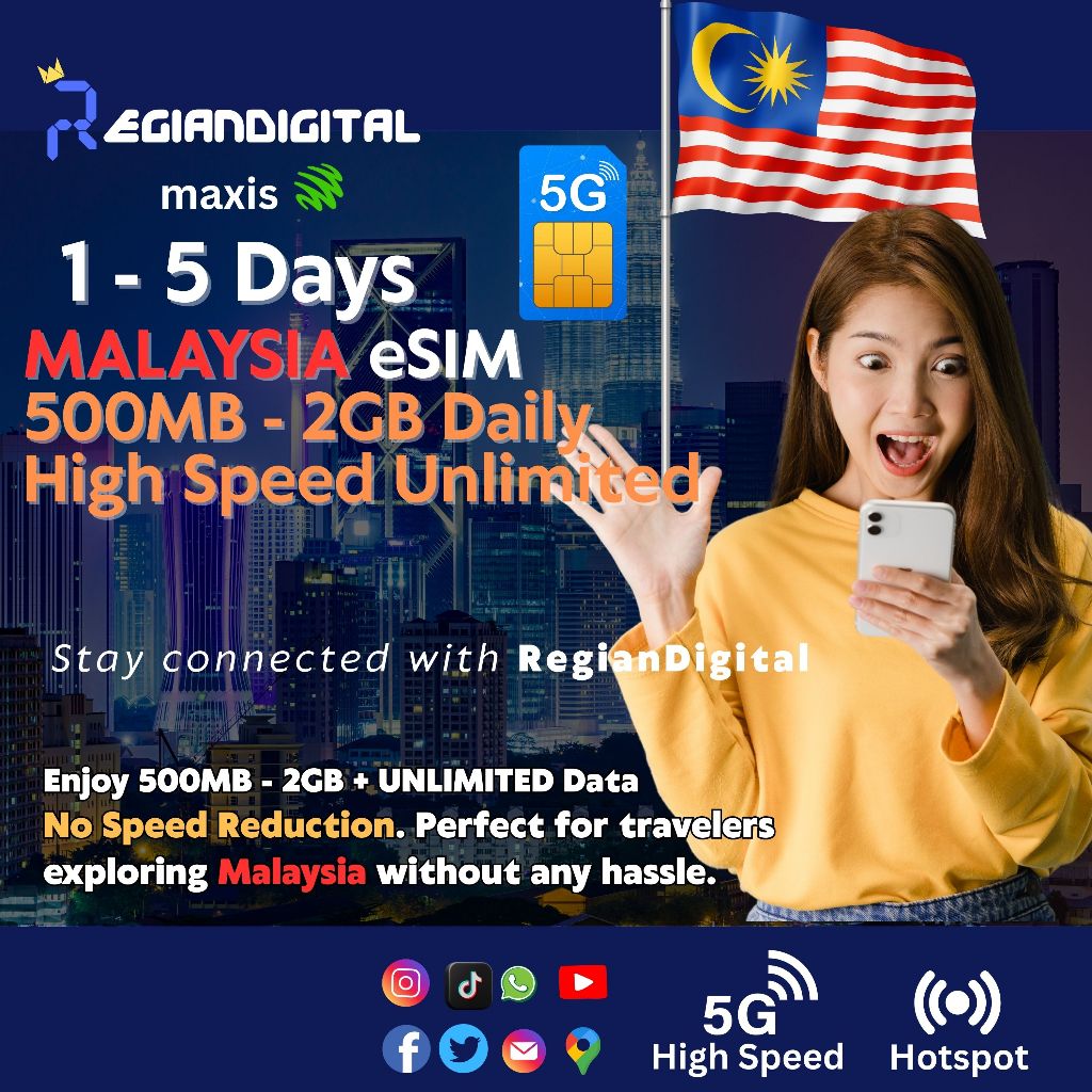Malaysia eSIM 1 – 5 Days 500MB–2GB Daily High-Speed Unlimited Data Instant Maxis 5G Travel eSIM ...