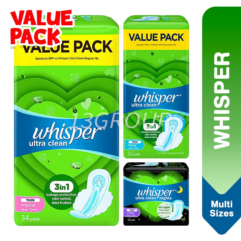 Whisper Ultra Clean Pads Regular / Heavy / Nights, 12s-34s (m) | Shopee ...
