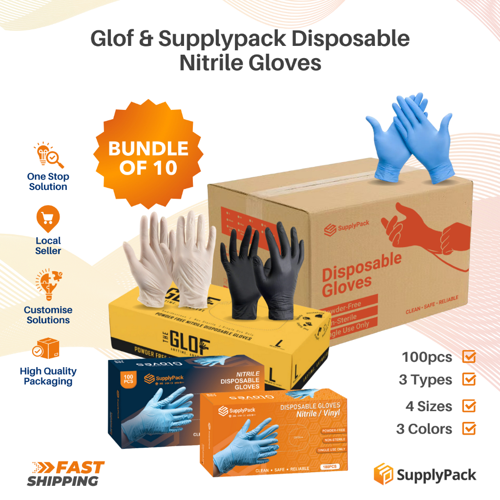 [Bundle of 10] Supplypack & Glof Nitrile Disposable Gloves – Powder ...