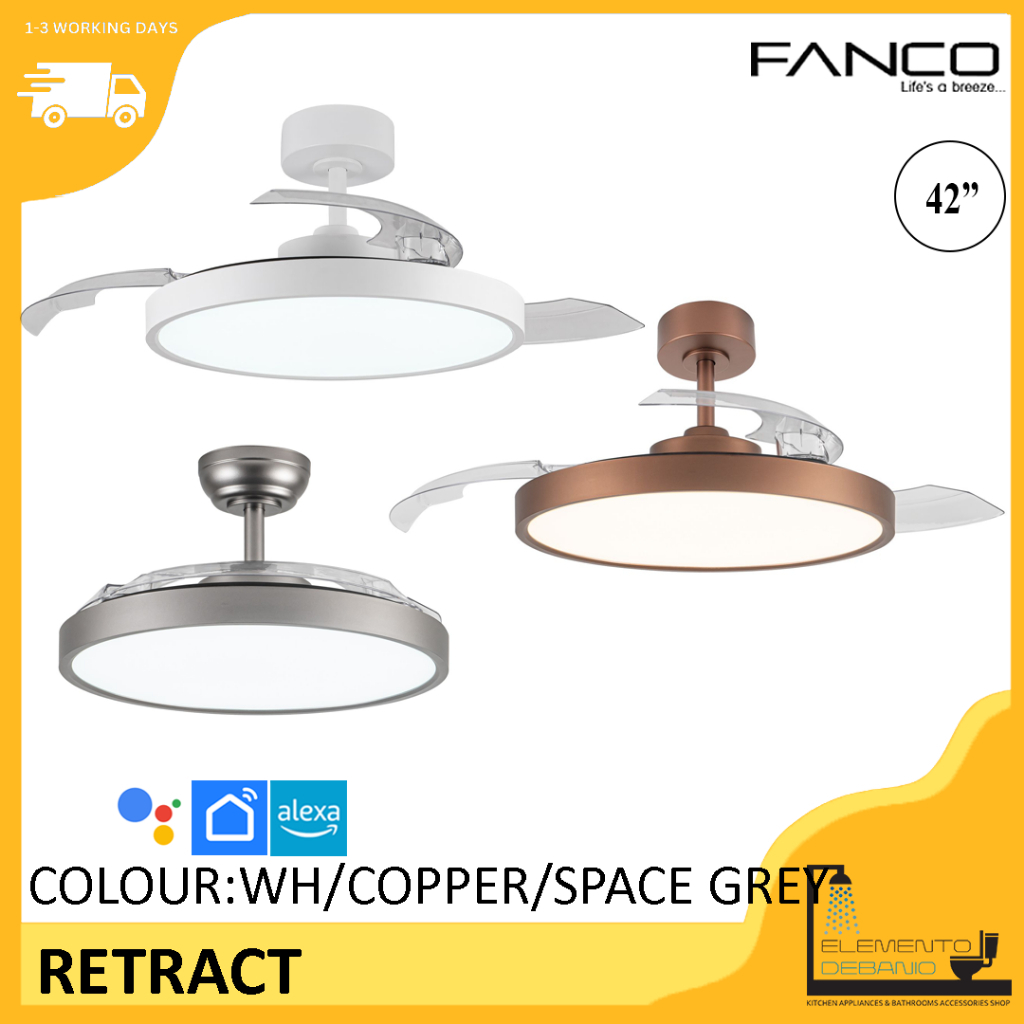 Fanco Retract 42" DC LED Ceiling Fan 40W tricolor LED light with dimmer ...