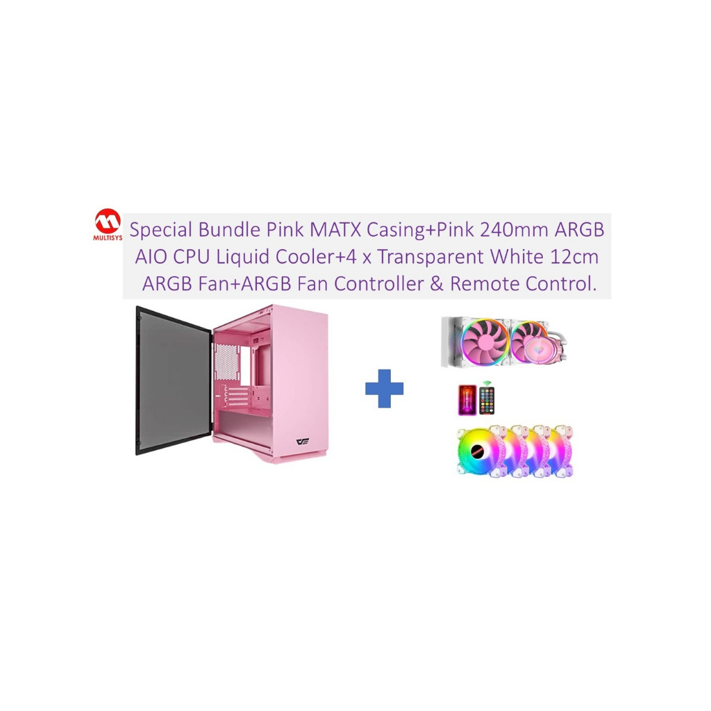 DF DLM22 Pink MATX Tower Case+240mm Pink ARGB Liquid Cooler+4x12cm ...