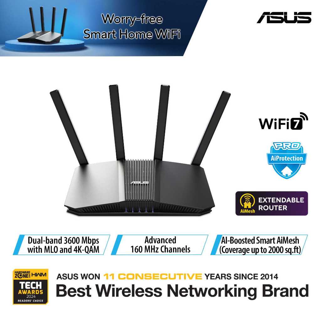 ASUS RT-BE58U BE3600 Dual Band WiFi 7 Smart AiMesh Extendable Router ...