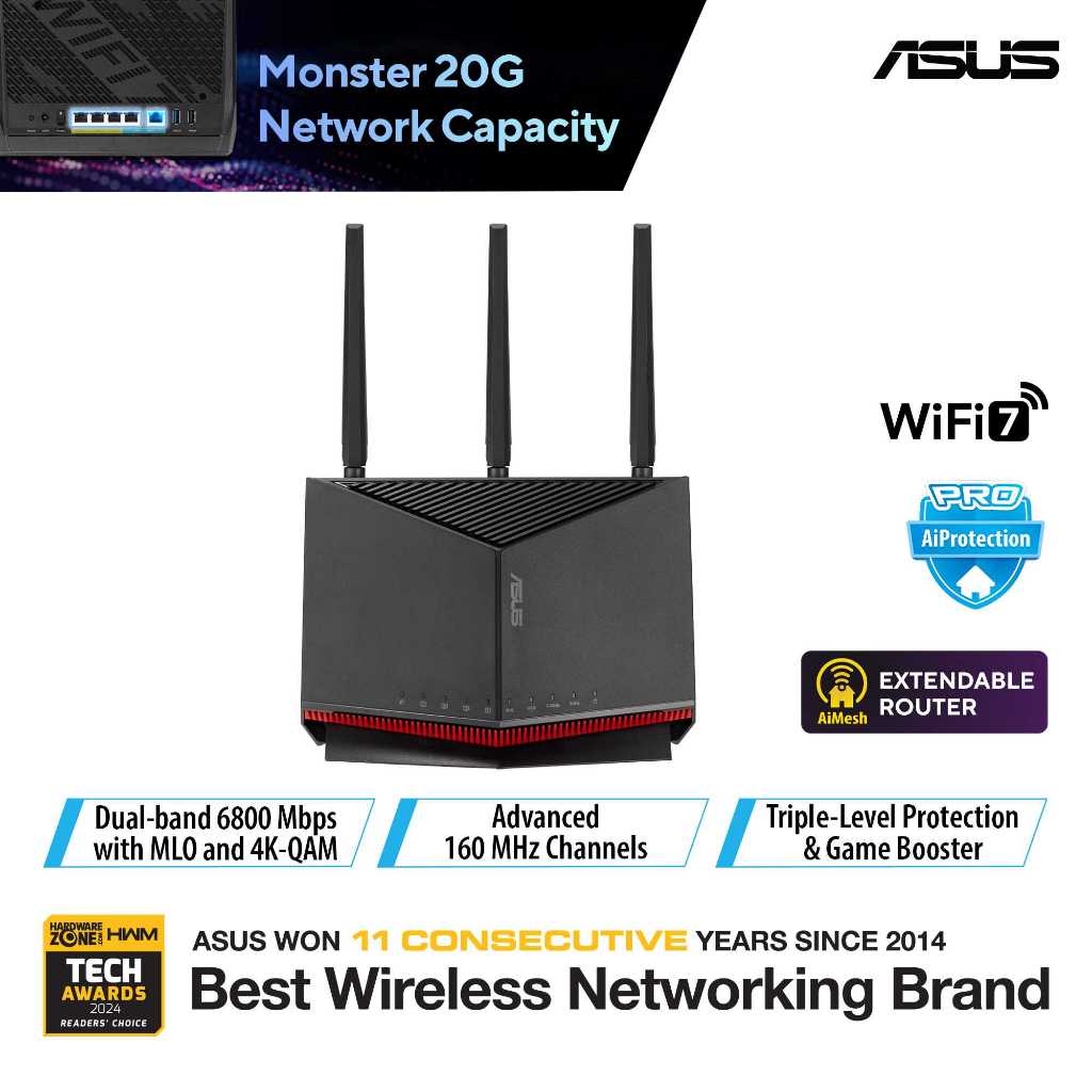 ASUS RT-BE86U BE6800 Dual Band WiFi 7 AiMesh Extendable Router ...
