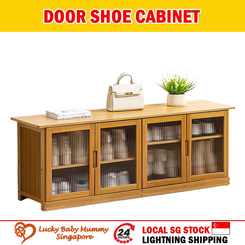 【Transparent Door】Bamboo Shoe Rack Bench with Door / Shoe Cabinet /Seat ...