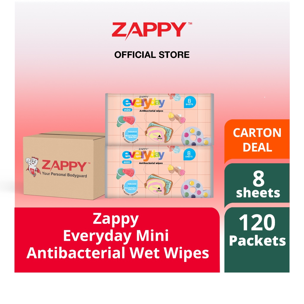 Zappy Everyday Mini Antibacterial Wet Wipes 8s (20 or 120 packets ...