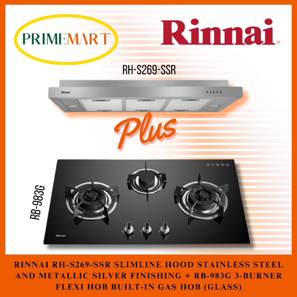 RINNAI RH-S269-SSR SLIMLINE HOOD + RB-983G 3 BURNER FLEXI HOB BUILT-IN GAS HOB (GLASS) BUNDLE ...