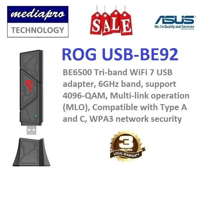 ASUS ROG USB-BE92 BE6500 Tri-band WiFi 7 USB adapter, 6GHz band ...