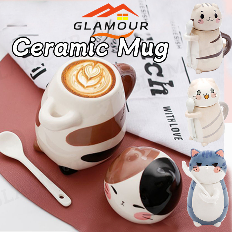 [SG] 300ml Cute Ceramic Cat Mug With Spoon and Lid Hand Painted Coffee ...