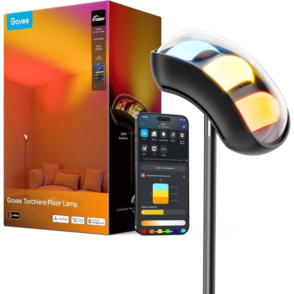 Govee Torchiere Floor Lamp with Matter, Alexa Compatible, RGBIC Warm ...