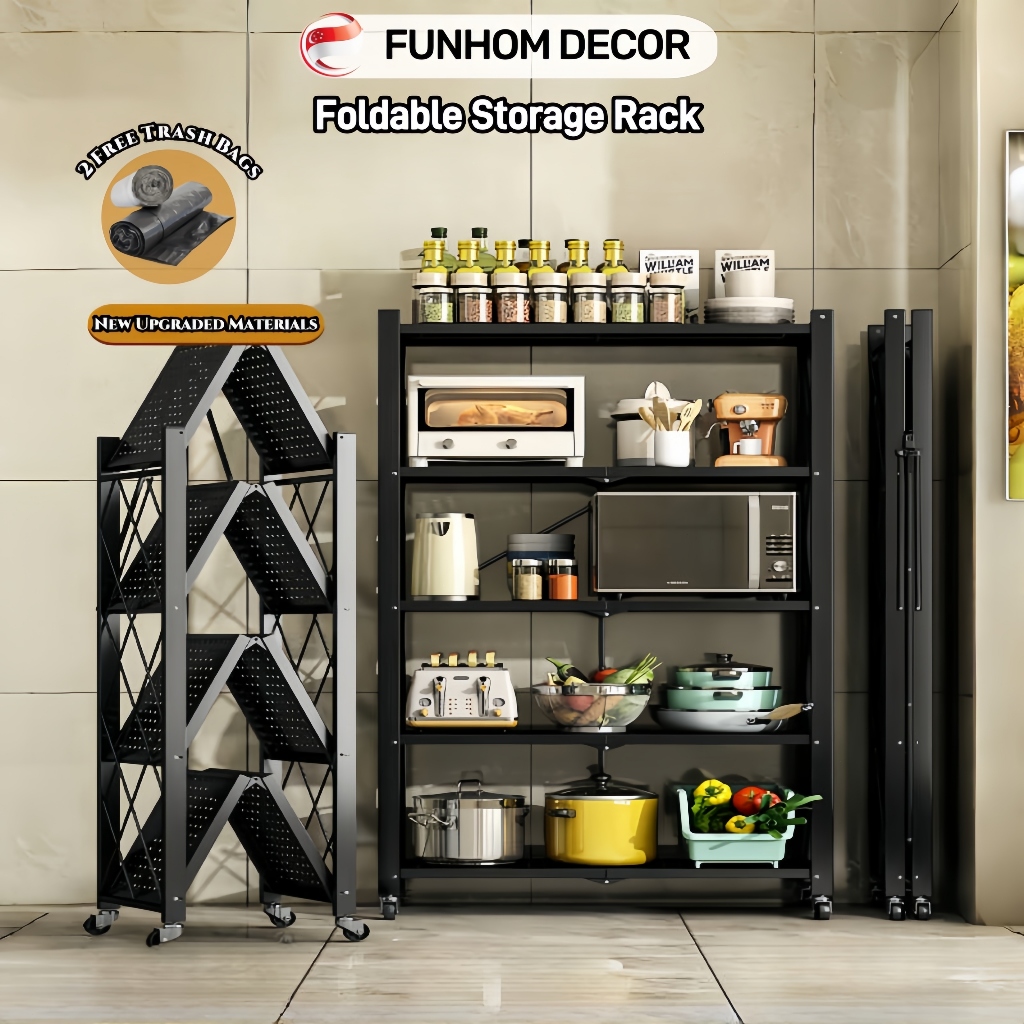 [SG Stock]Foldable Storage Rack With Wheels Installation Free Kitchen ...