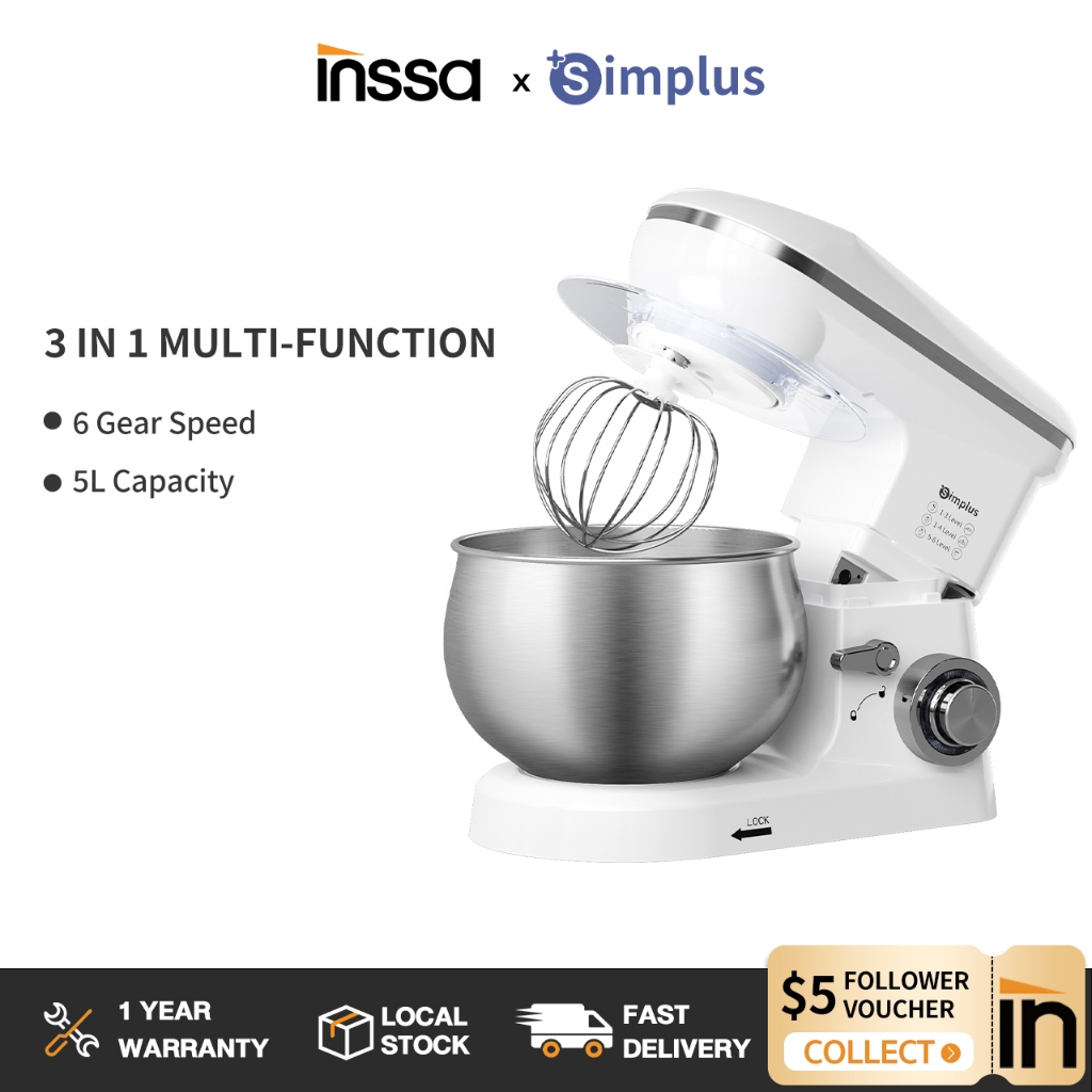 INSSA 5L Stand Mixer Kitchen Blender 6 Speeds Dough Whisk Beater ...