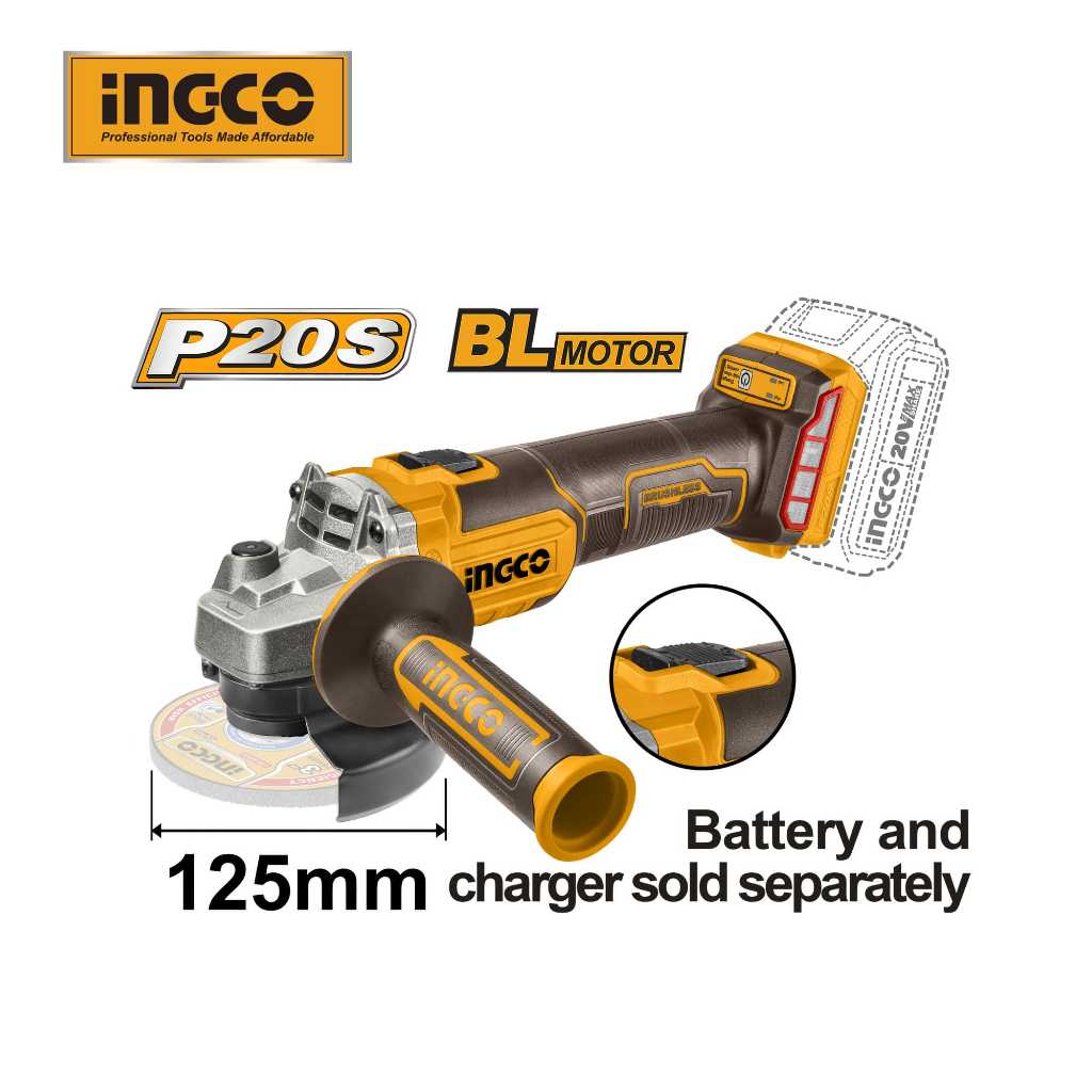 INGCO 20V Brushless 125mm Cordless Angle Grinder CAGLI201258 | Shopee ...