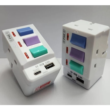 3 Way Plug Adaptor with Individual Switch & 1 USB Type A + 1 Type C ...