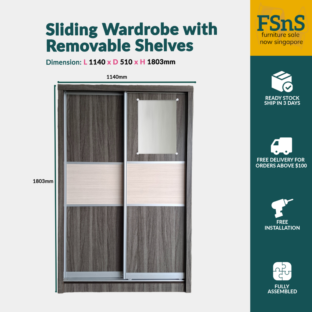 SG Ready Stock Sliding Wardrobe with removable shelves with mirror ...