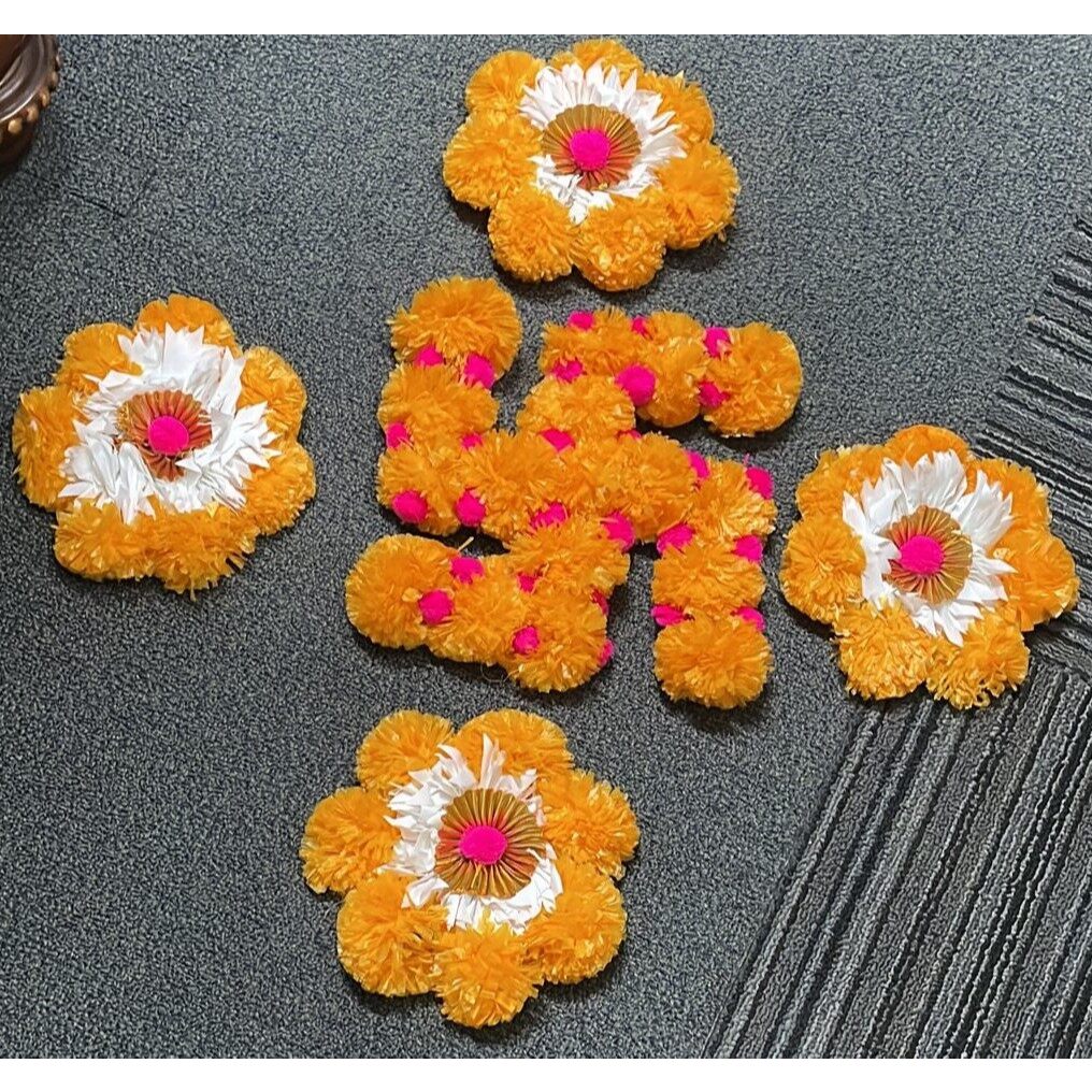 Rangoli Artificial Marigold Flower Mat and Tealight Holder Rajasthani ...