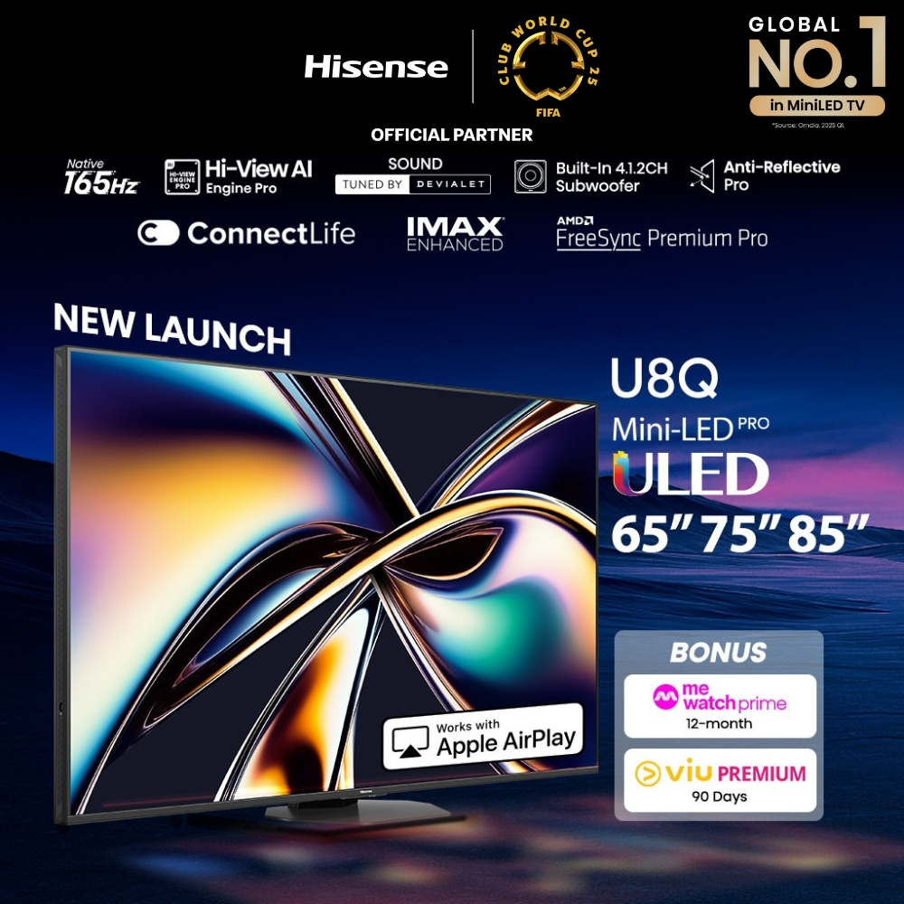 Hisense U8Q 65/75/85 inch ULED Mini LED Pro AI TV | Hi-View AI Engine Pro | 165Hz | 3000 ...