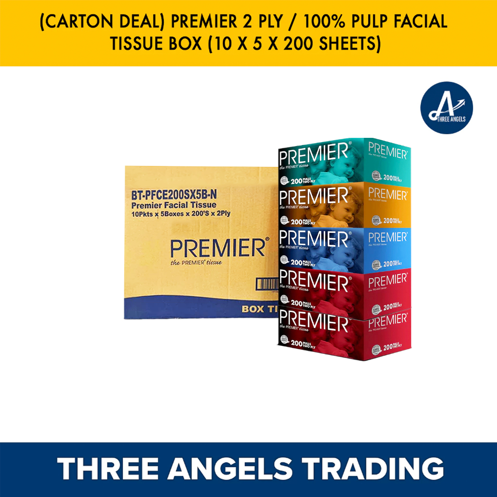 (Carton Deal) Premier 2 Ply / 100% Pulp Facial Tissue Box (10 x 5 x 200 ...