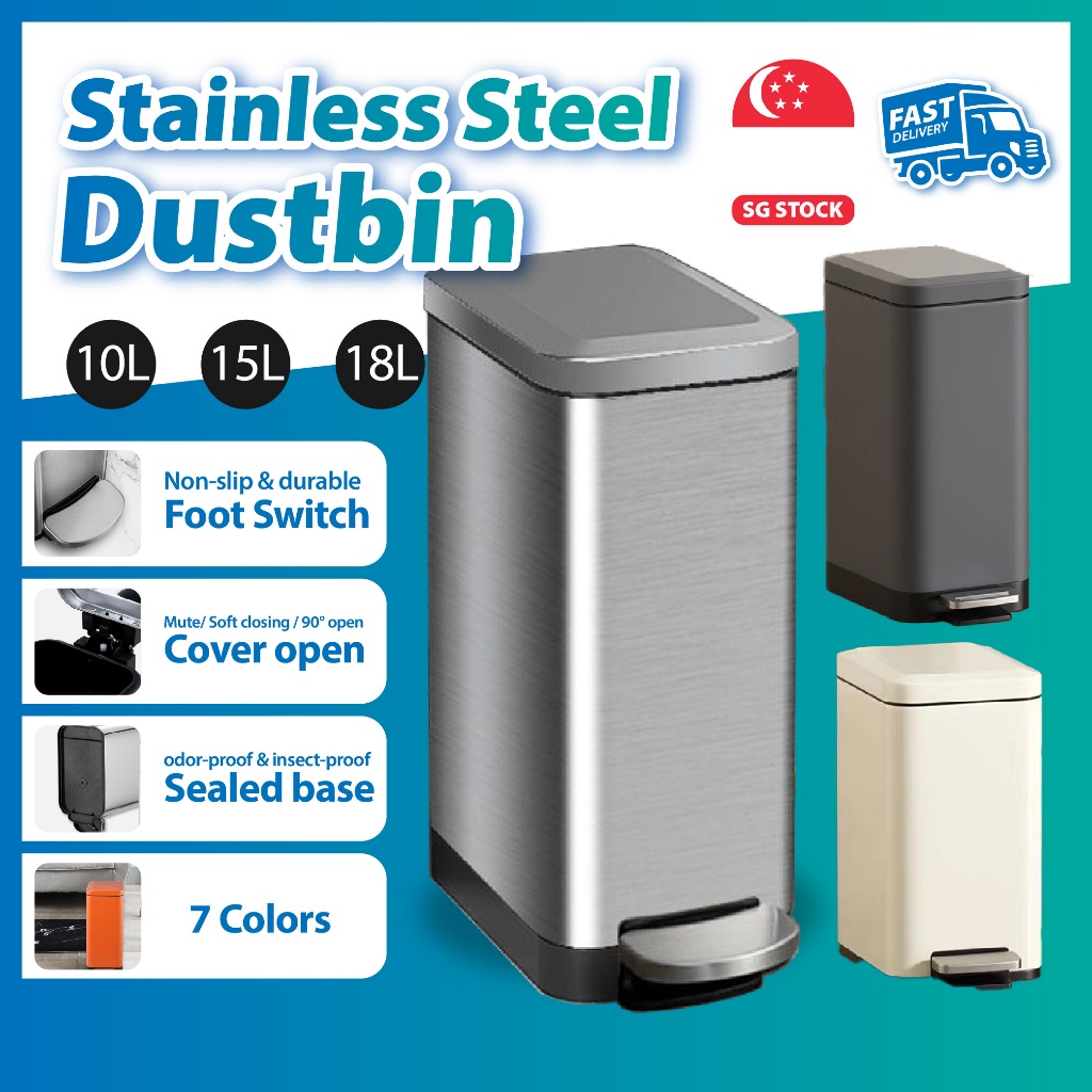 [SG STOCK] Stainless Steel Pedal Soft Closing Dust Bin - 10L, 15L, 18L ...