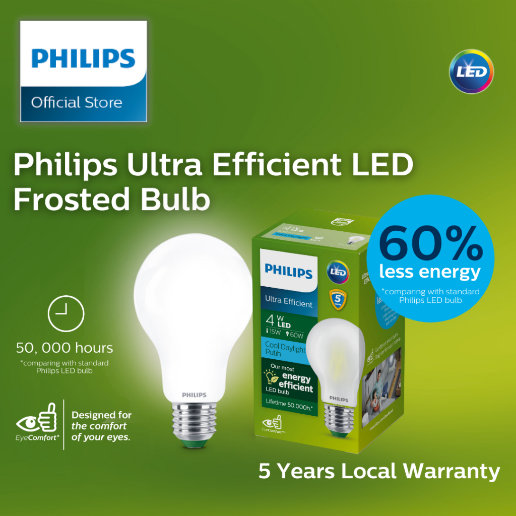 Philips Ultra Efficient LED E27 Frosted Bulb with Eye Comfort - 4W/5W/7.5W in Warm White and ...