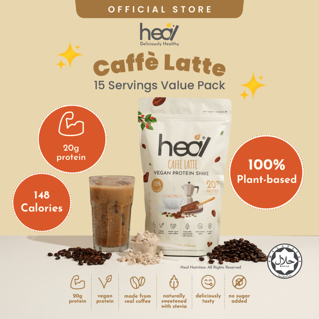 Heal Caffe Latte Protein Shake Powder - Vegan Protein (540g - 15 ...