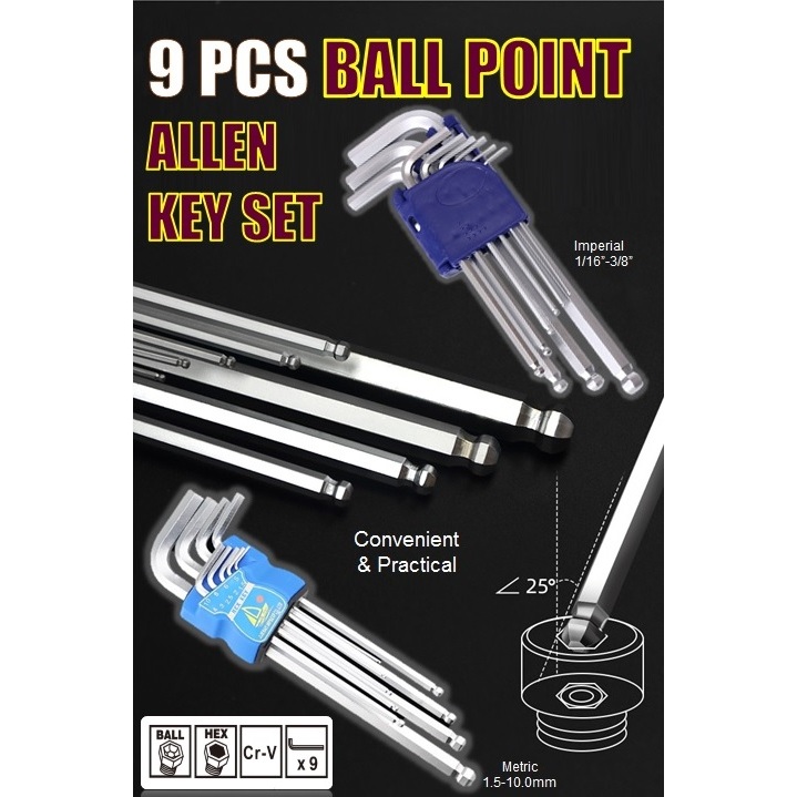 ALLEN KEY 9PCS SET BALL END IMPERIAL/ METRIC -EXTRA LONG | Shopee Singapore