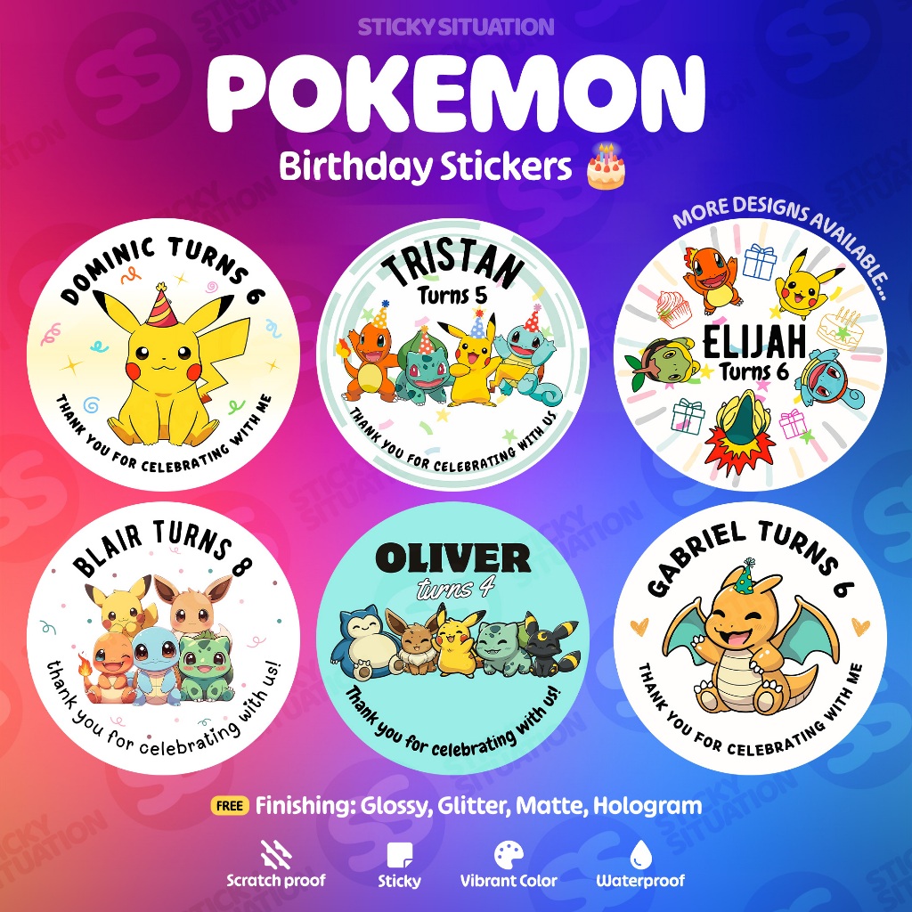 Personalized Pokemon Birthday Stickers – Customized Goodie Bag Stickers ...
