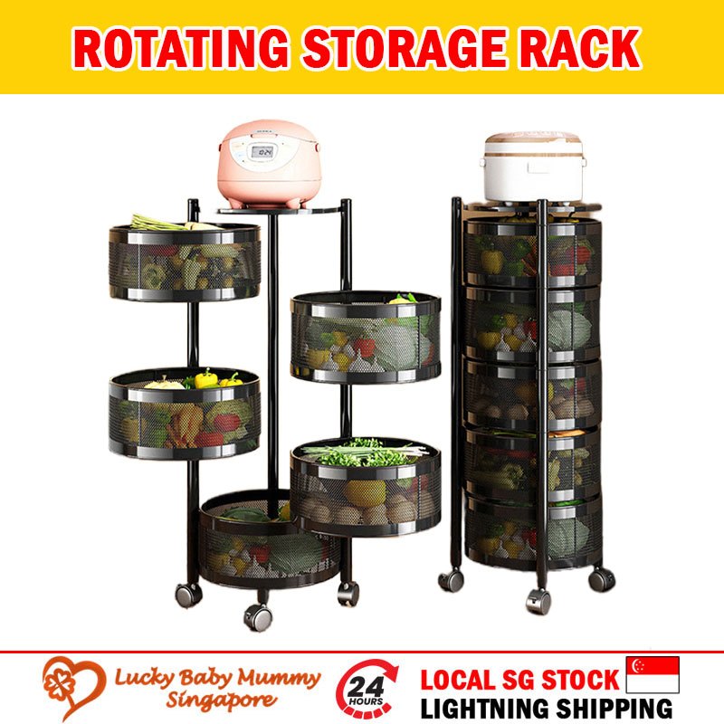 Cylindrical Kitchen Rotating Storage Box Basket Trolley Rack Vegetable ...