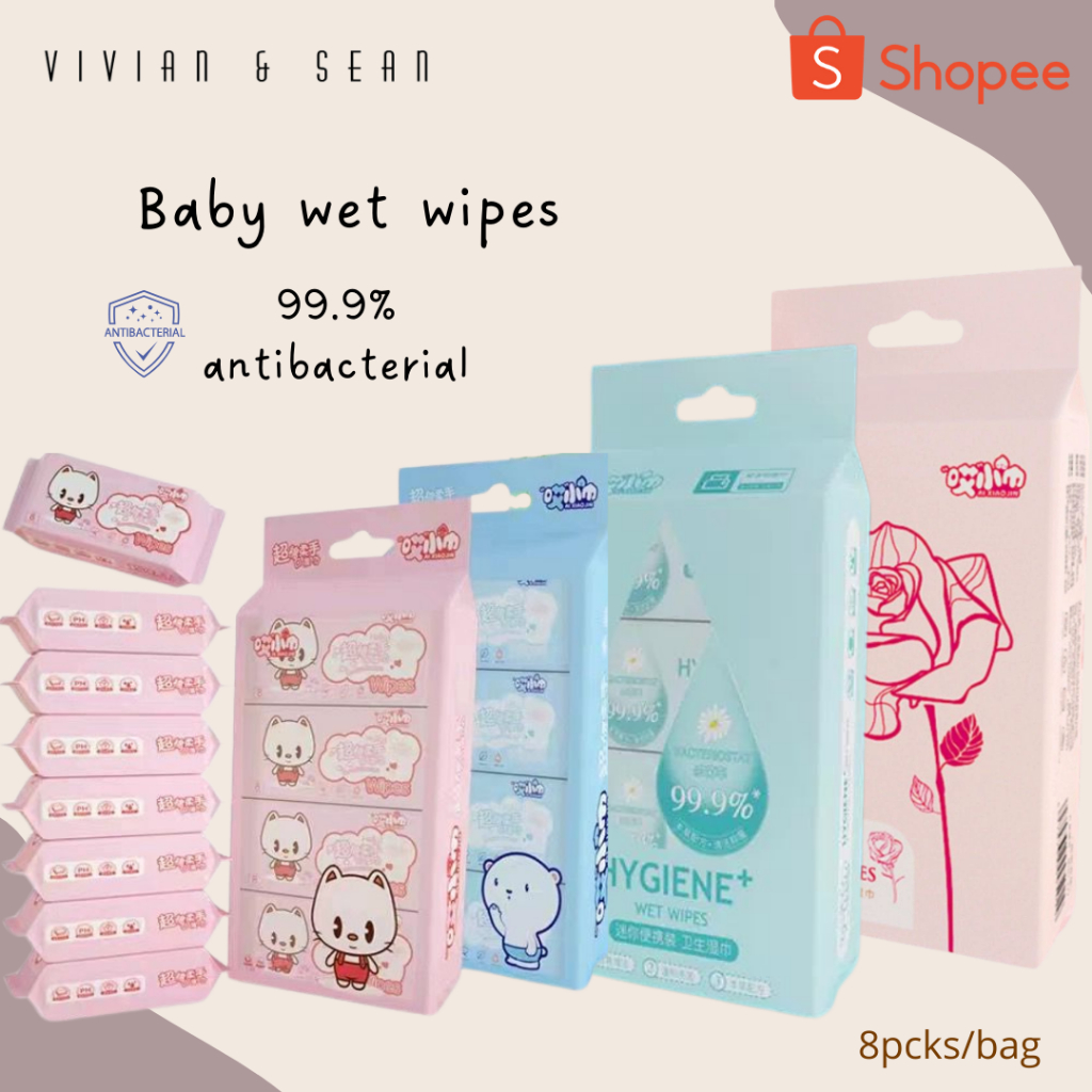 8packs Mini Wet Wipes | Baby wipes 8packs/bag | 99.9% antibacterial ...