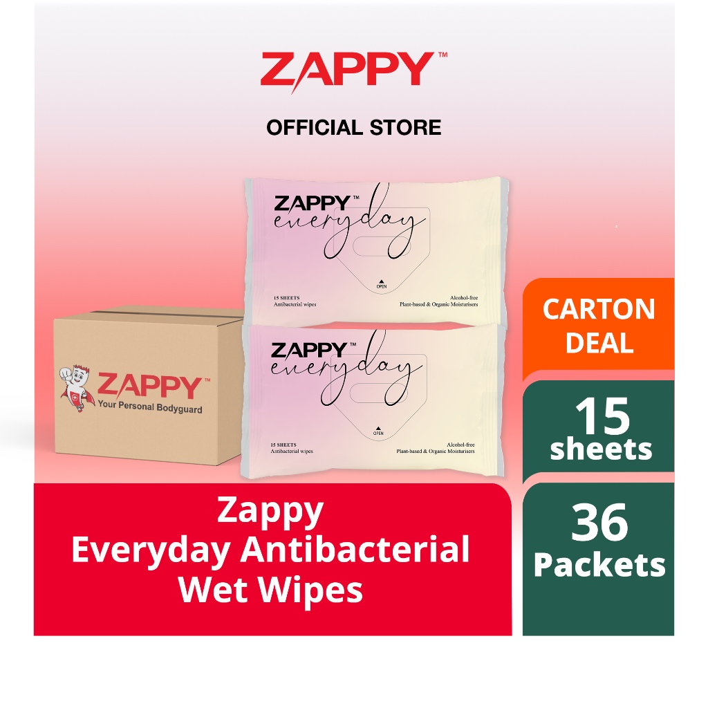 Zappy Everyday Antibacterial Wet Wipes 15s (36 Packets) | Shopee Singapore