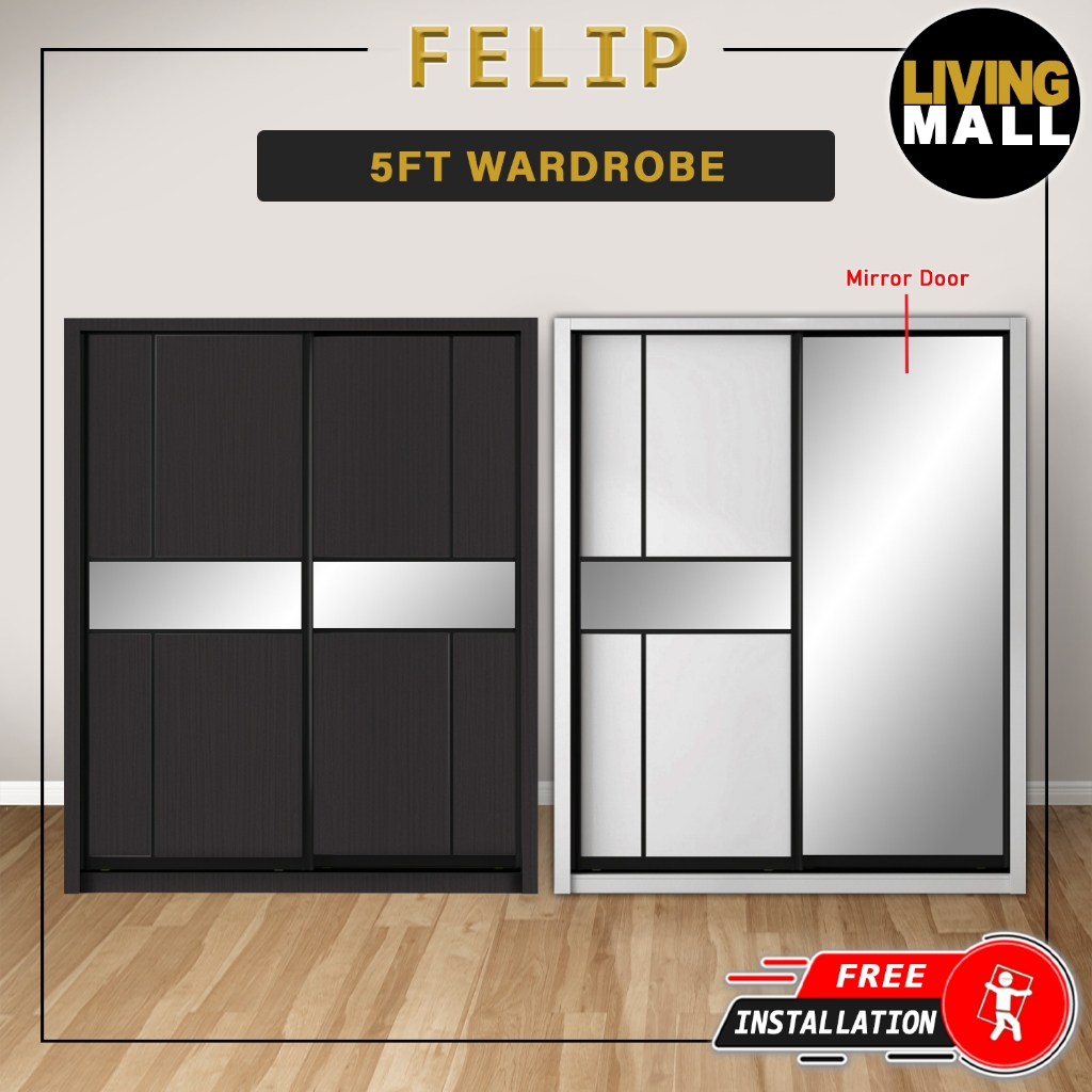 Living Mall Felip Series 5FT 2-Door Sliding Door Wardrobe in White Wash ...