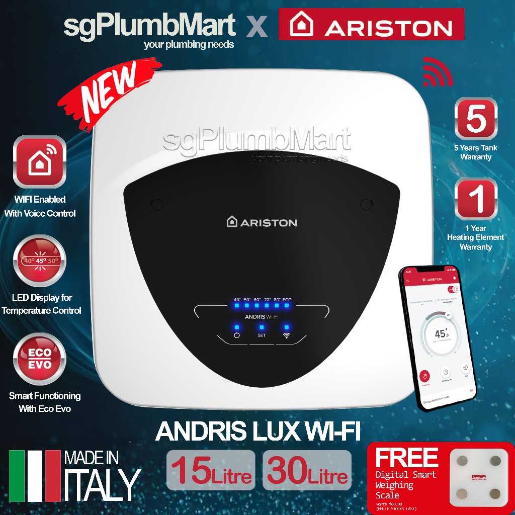 [Made In Italy] Ariston Lux Wi-Fi 15L/30L Storage Water Heater Andris Lux Wifi 15/30 Litres x ...