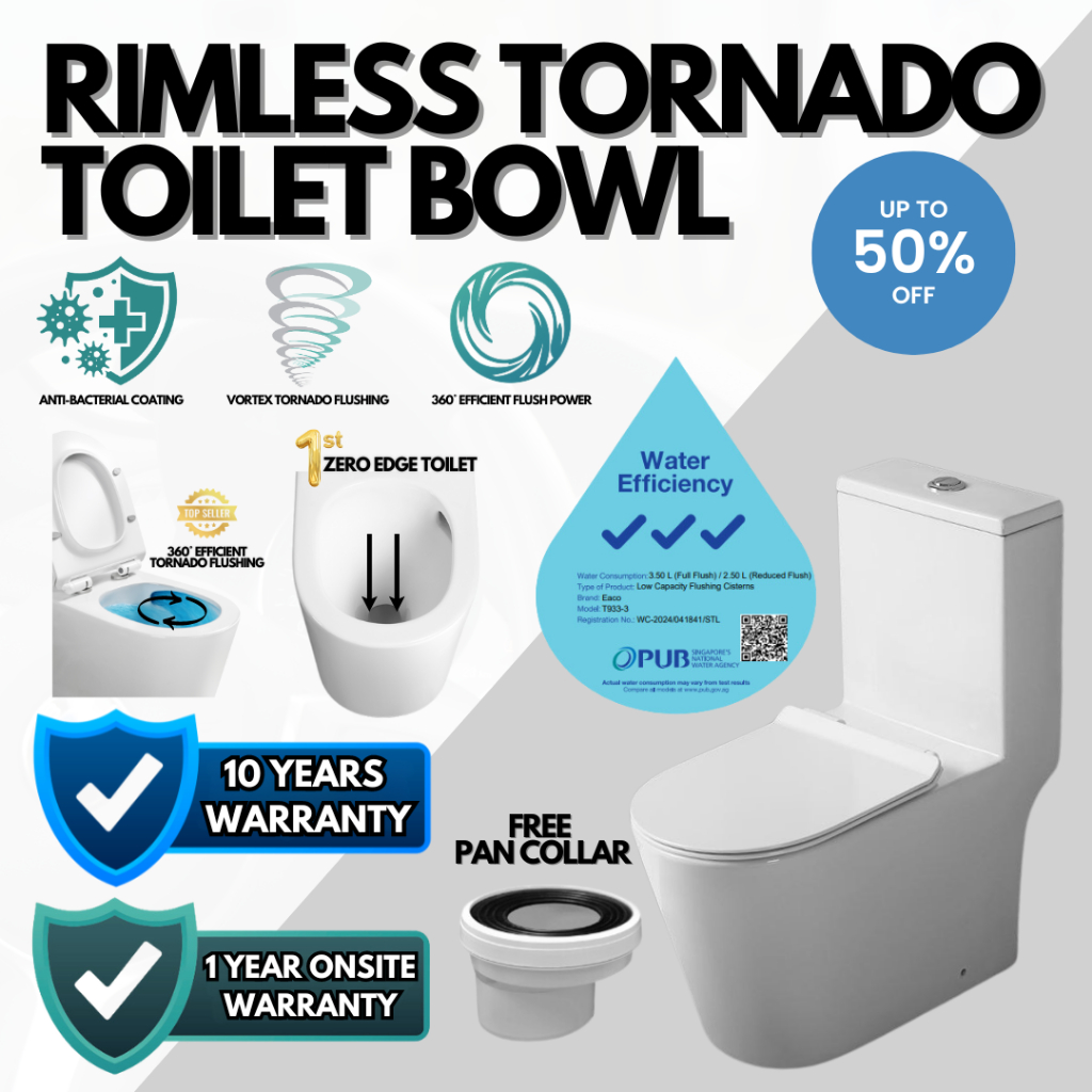 EACO T933 Rimless Tornado Toilet Bowl 10 Year Warranty | Shopee Singapore