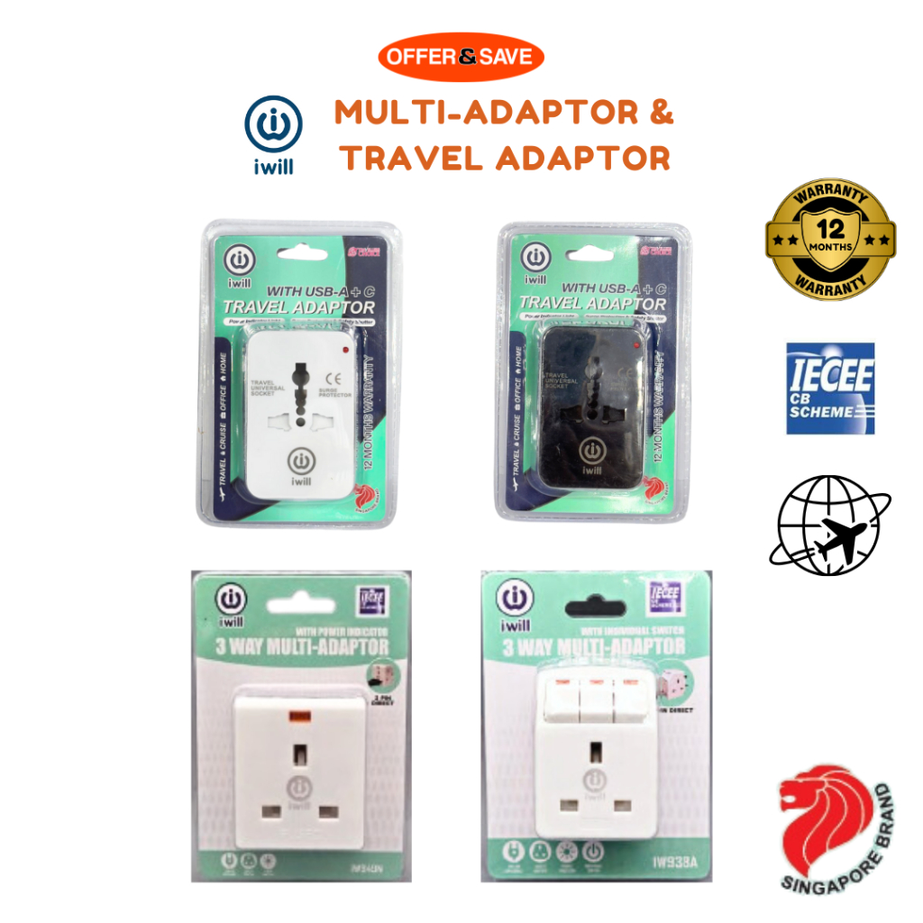 Iwill 3 Way Multi Adaptor / Travel Adaptor Multi Adaptor Plug With Neon ...