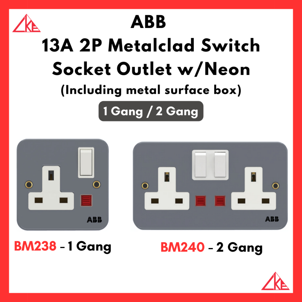 ABB【1 Gang/2 Gang】13A 2P Metalclad Switch Socket Outlet with Neon (Including metal surface box ...