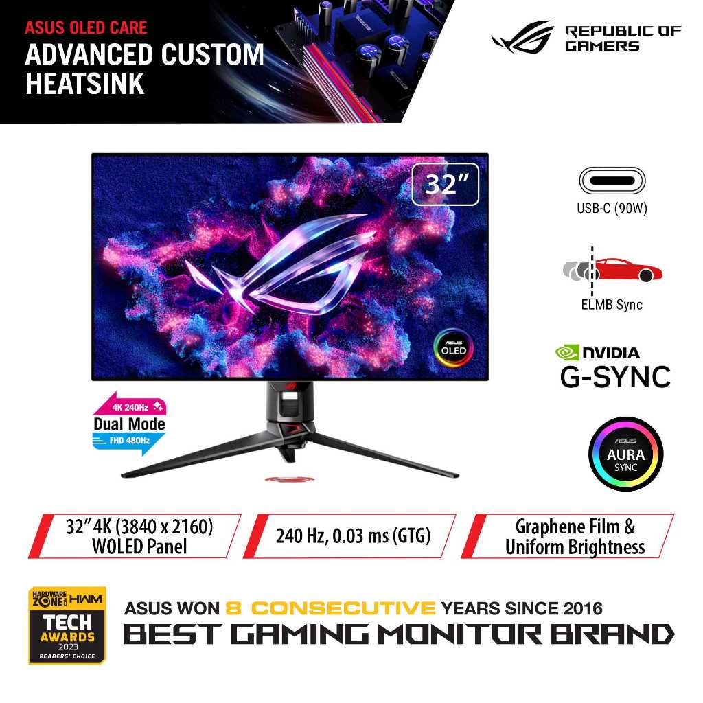 ASUS ROG Swift OLED PG32UCDP Gaming Monitor - 31.5" OLED, Dual Mode (4K 240Hz & FHD 480Hz), 0 ...