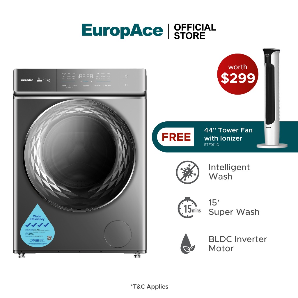 EuropAce 10KG 4 Ticks Steam Front Load Washer | EFW9102Y | BLDC Motor ...
