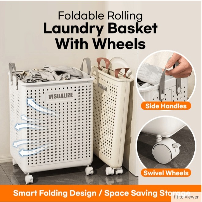 🇸🇬【With Wheels】Foldable Laundry Basket with Wheel Large Capacity Dirty ...