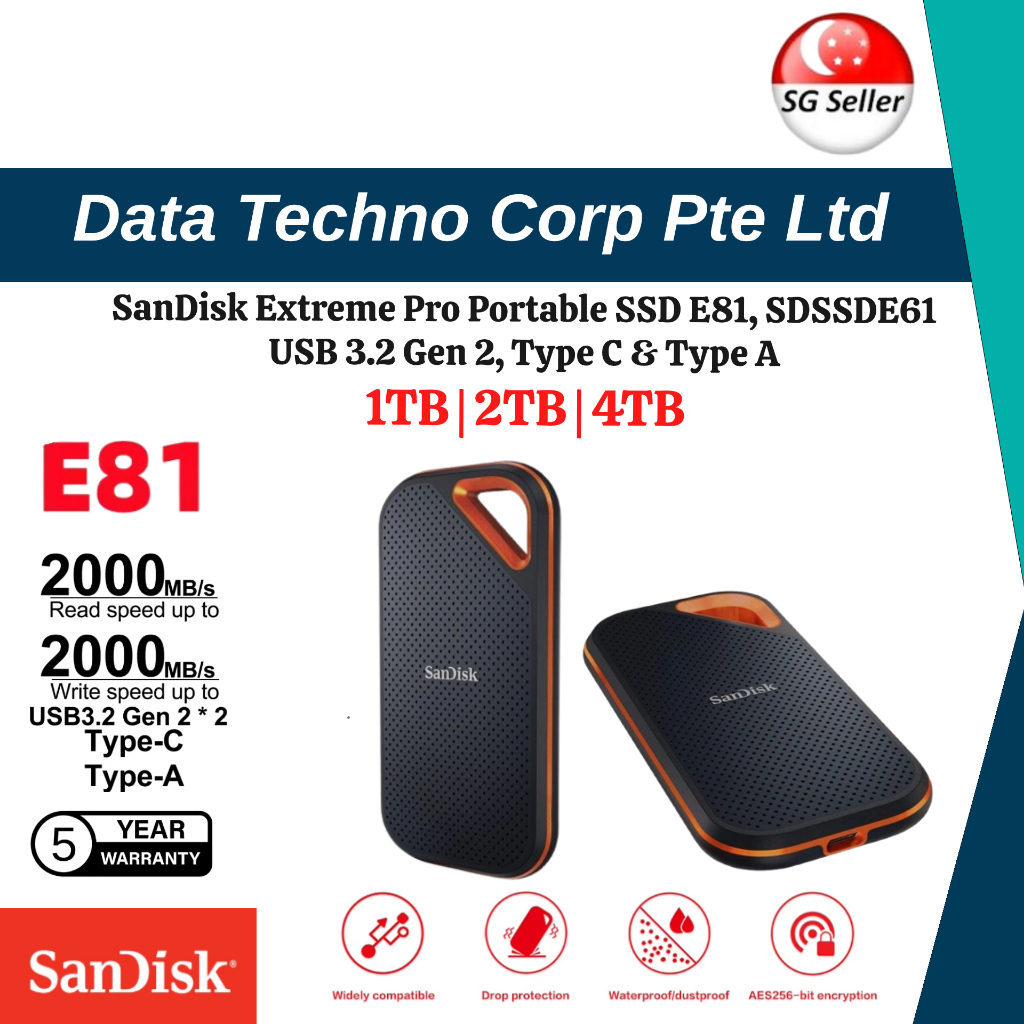 SG Local - SanDisk E81 1TB 2TB 4TB Extreme Pro Portable SSD USB-C up to 2000mb/s Read, Write ...