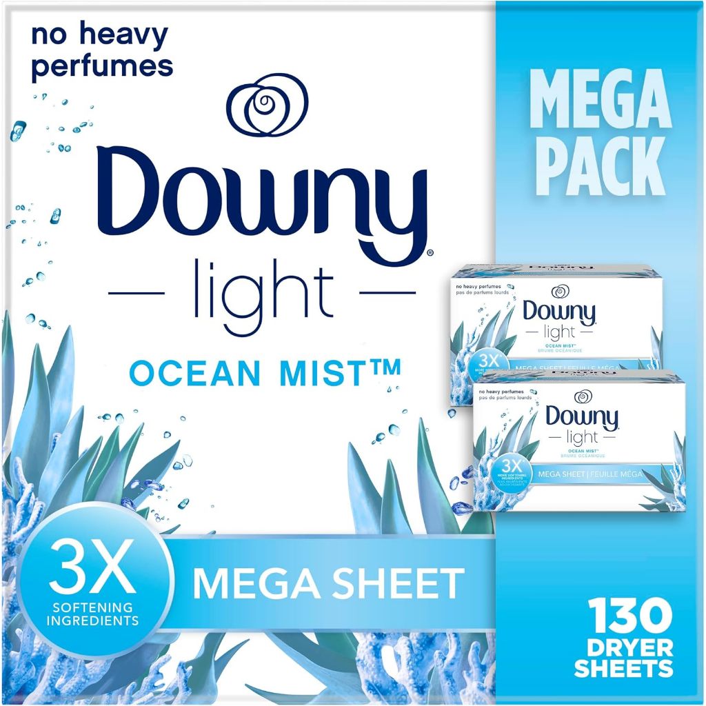 Downy Light Mega Dryer Sheets, Fabric Softener Dryer Sheets, Ocean Mist ...
