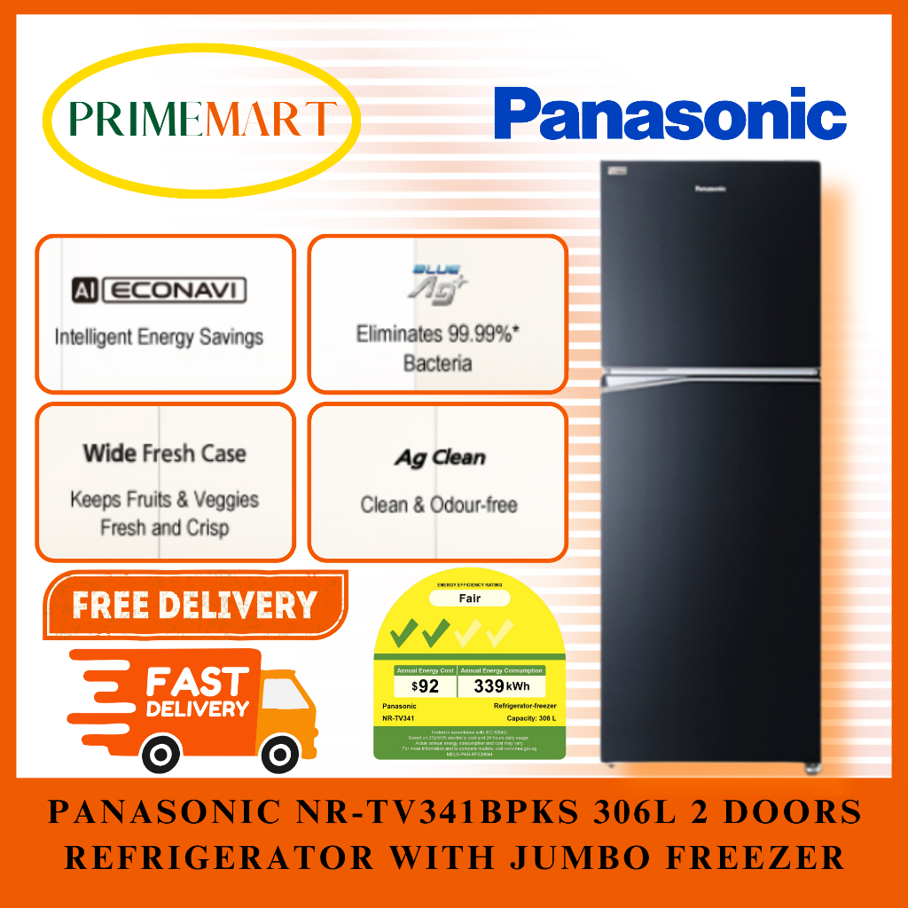 PANASONIC NR-TV341BPKS 306L 2 DOORS REFRIGERATOR WITH JUMBO FREEZER + 2 ...