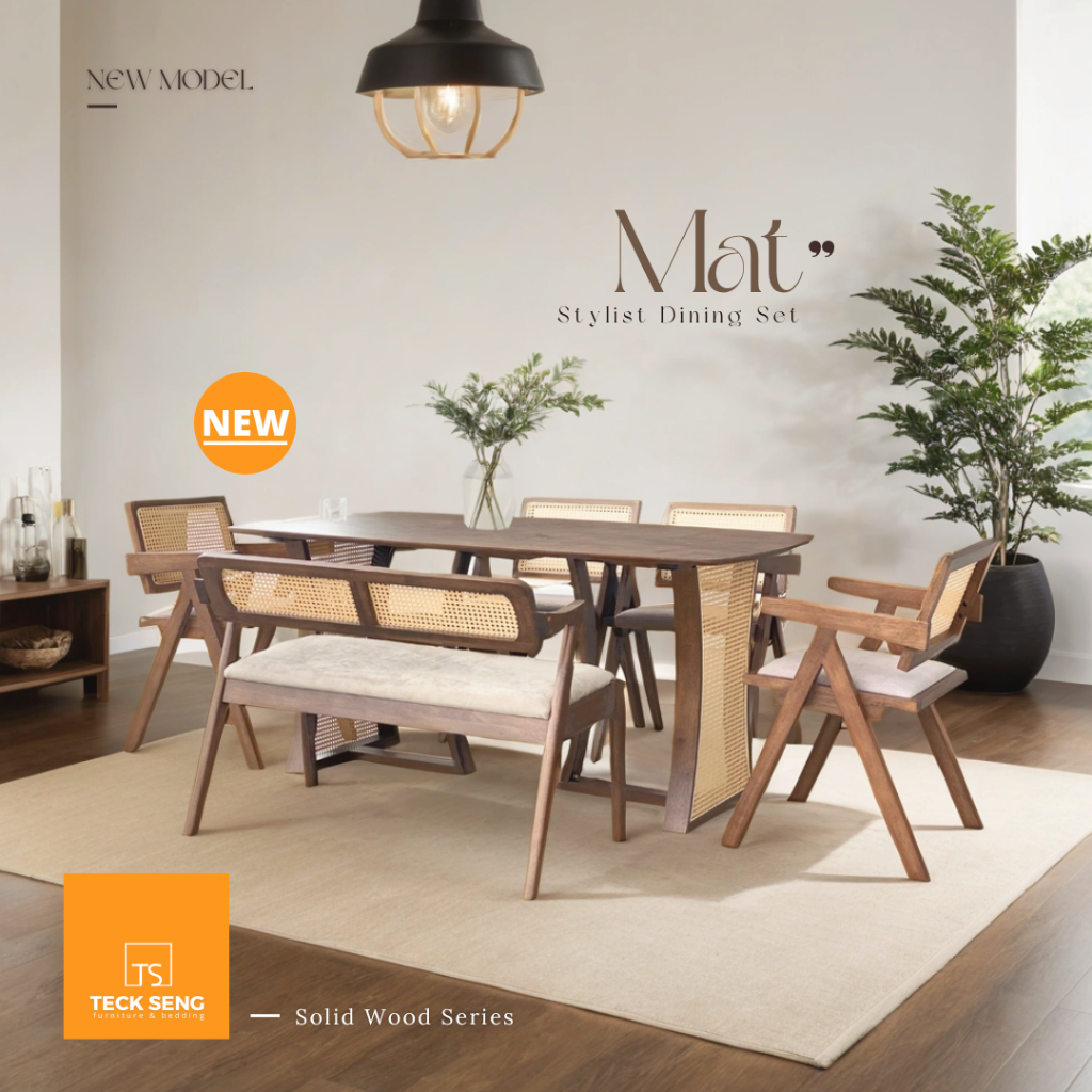 [TECK SENG DINING SET] - SOLID WOOD/ RATTEN DINING TABLE SET/ SET MEJA ...
