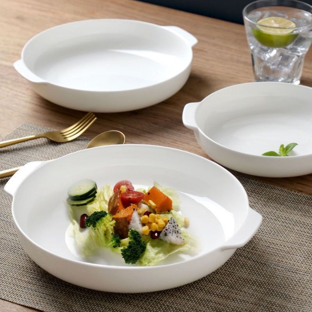 【SG Stock】10-inch Pure White Double-Ear Ceramic Tableware Deep Dinner ...