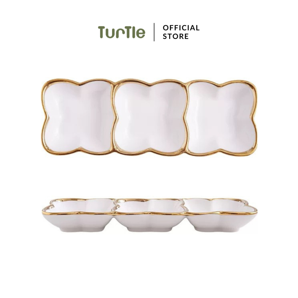 TURTLE Gold Rim Ceramic Sauce Dish Seasoning Dish Compartment Dipping ...